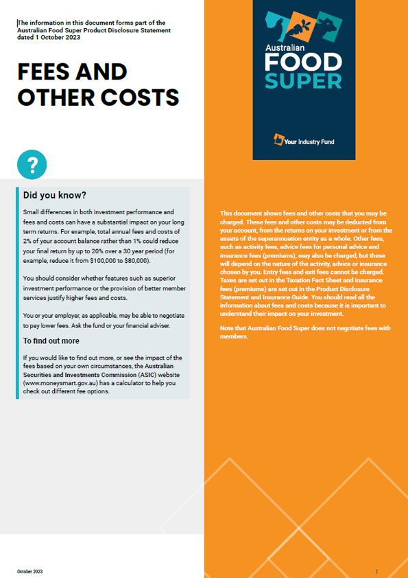 Fees and other costs with Australian Food Super